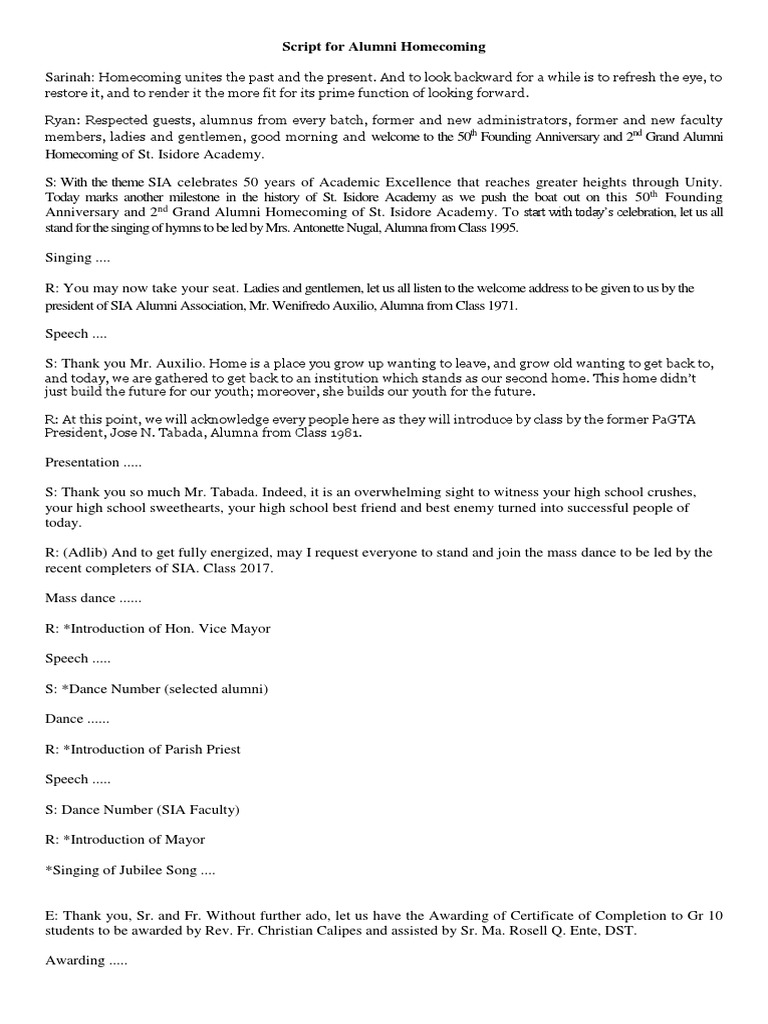 Script For Alumni Homecoming | PDF