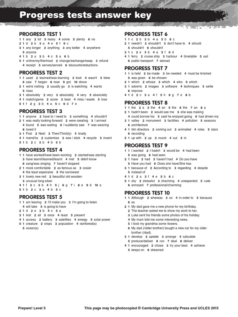 Progress Tests Answer Key: Progress Test 1 Progress Test 6 | PDF