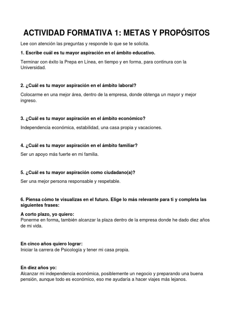 Actividad Formativa 1 Metas y Propósitos | PDF | Desarrollo personal | Vida