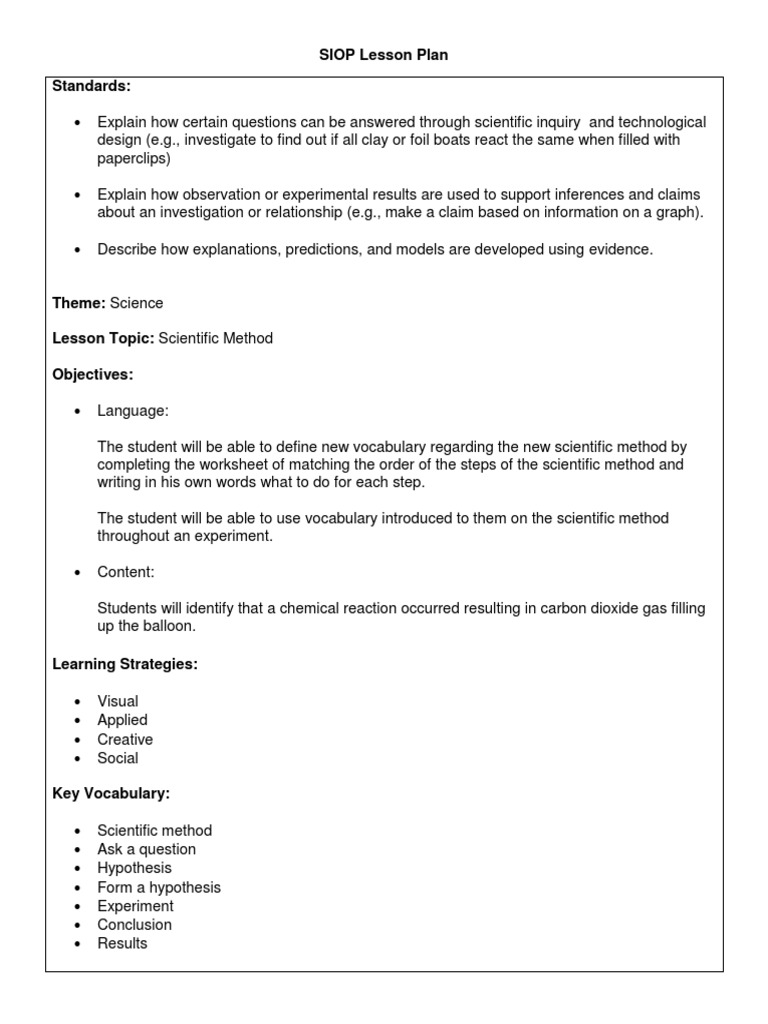 SIOP Lesson Plan Scientific Method # 1 | PDF | Scientific Method ...
