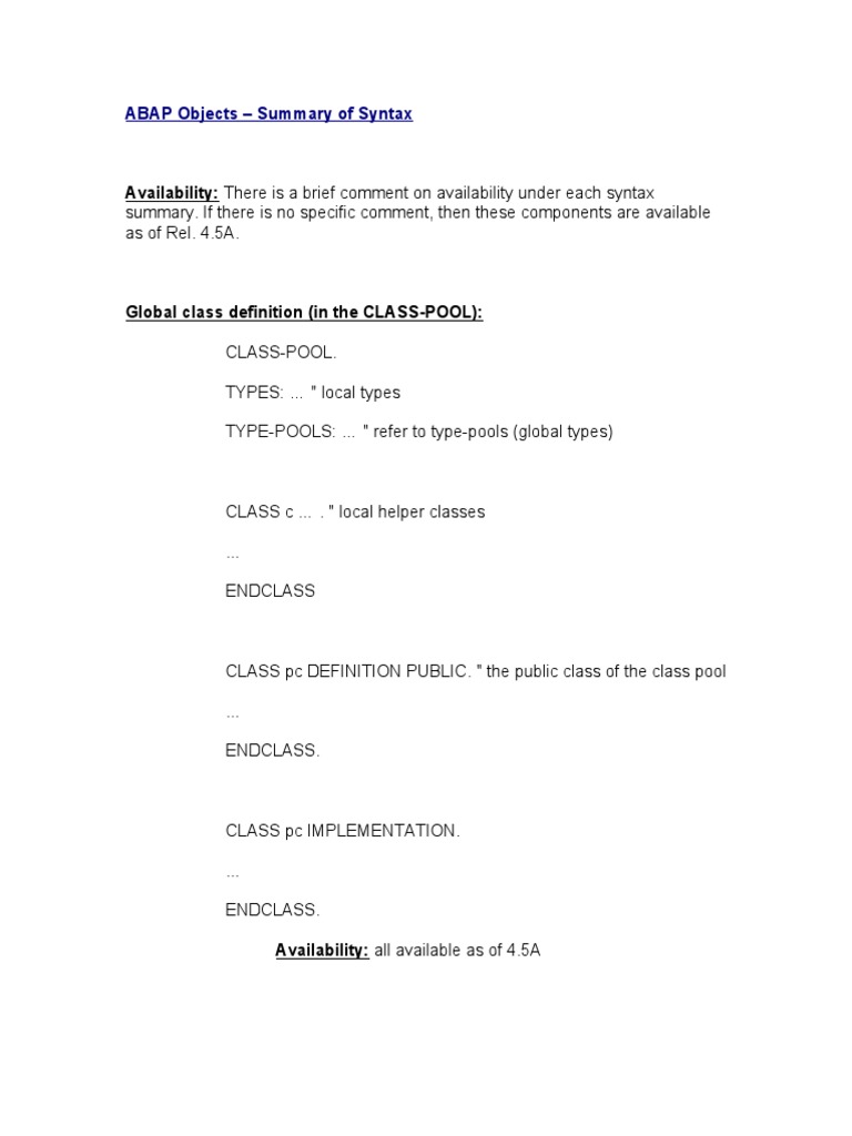 ABAP Objects Syntax Summary | PDF | Class (Computer Programming ... ABAP Objects Syntax Summary | PDF | Class (Computer Programming ...