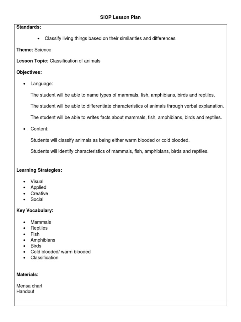Grade 3 Animal Classification Lesson | PDF | Lesson Plan | Microsoft ...
