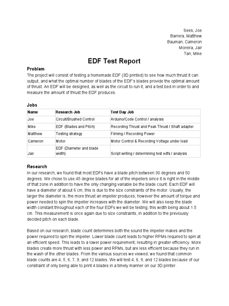 EDF Test Report | PDF | Efficiency | Thrust