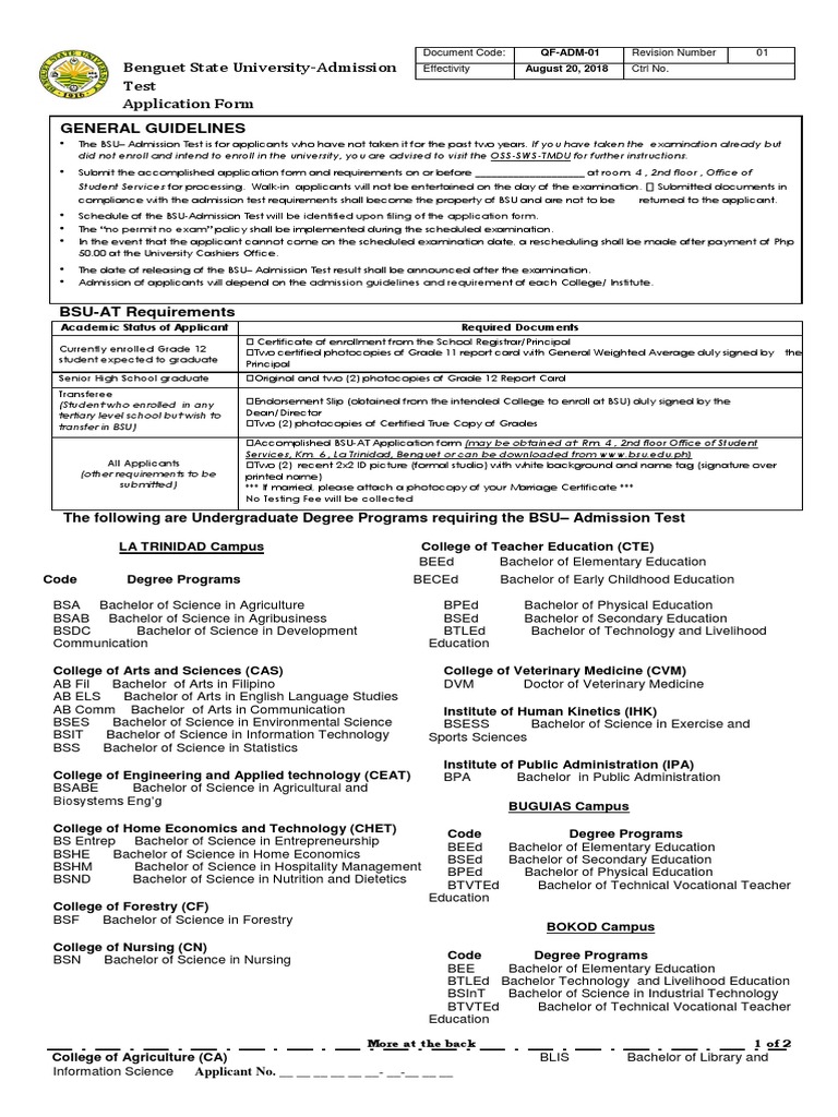BSU-At Application Form 2018 | PDF | Bachelor's Degree | University And College Admission