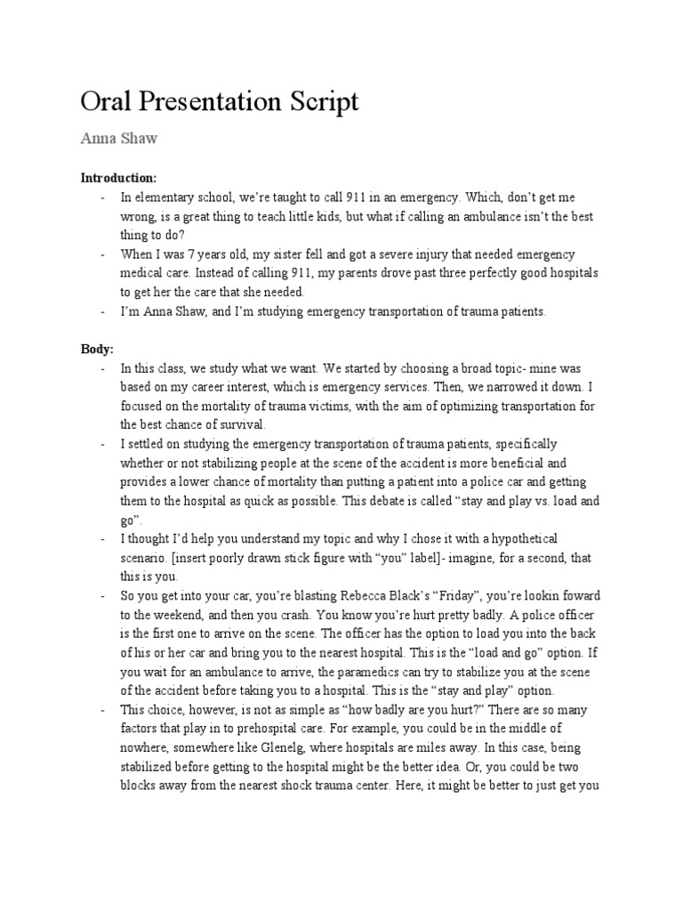 Oral Presentation Script | PDF | Emergency Medical Services | Major Trauma