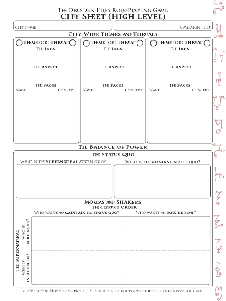 City Sheet (High Level) : The Dresden Files Role-Playing Game | PDF ...