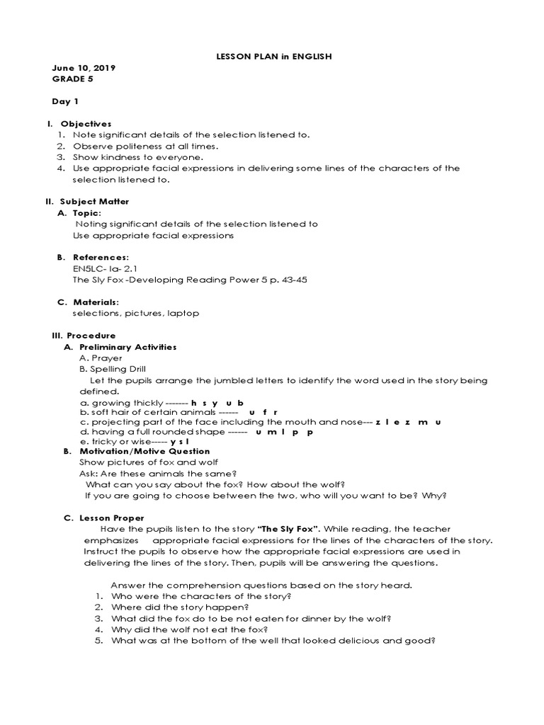 Grade 5 English Reading Lesson Plan | PDF | Reading Comprehension ...
