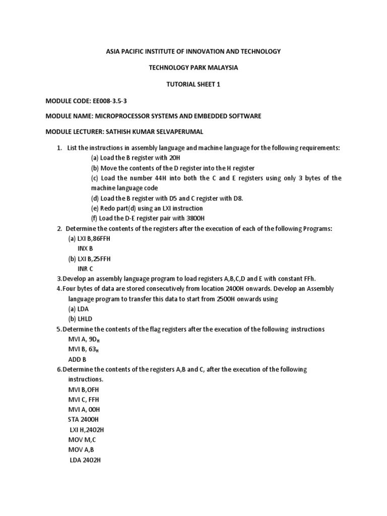 Tutorial Sheet 1 EE008 3.5 3 | PDF | Assembly Language | Areas Of ...