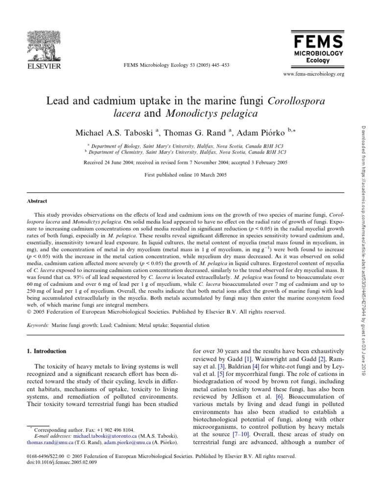 Lead and Cadmium Uptake in The Marine Fungi Corollospora Lacera and ...