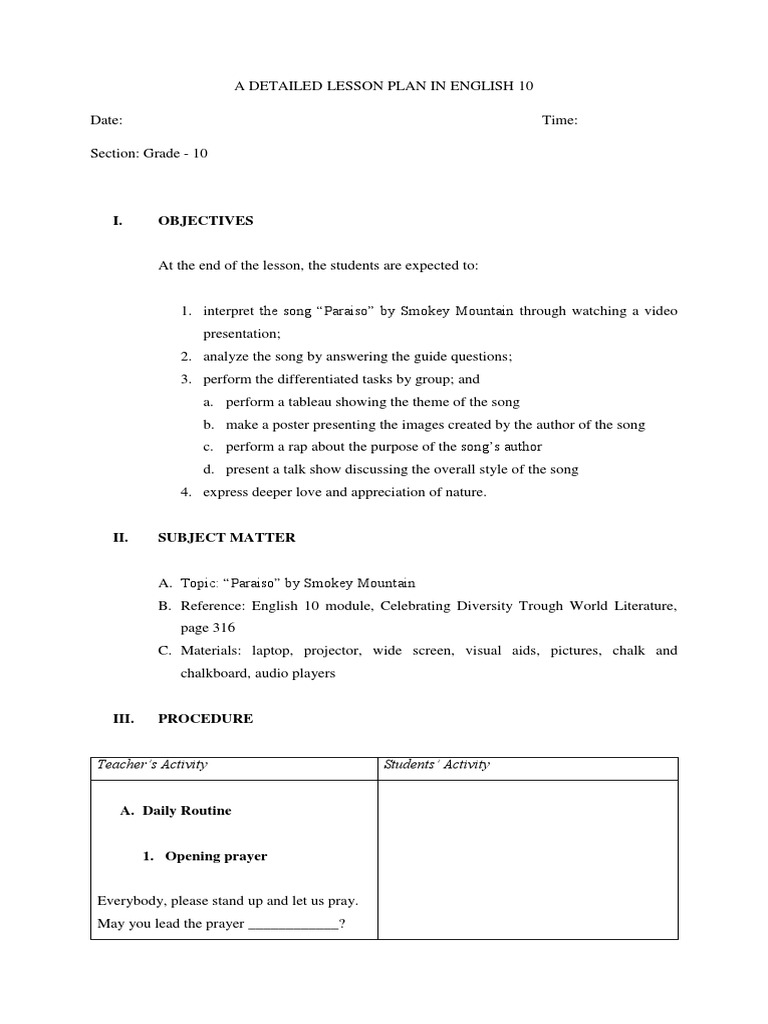 A Sample Detailed Lesson Plan in English 9 | PDF | Lesson Plan | Prayer