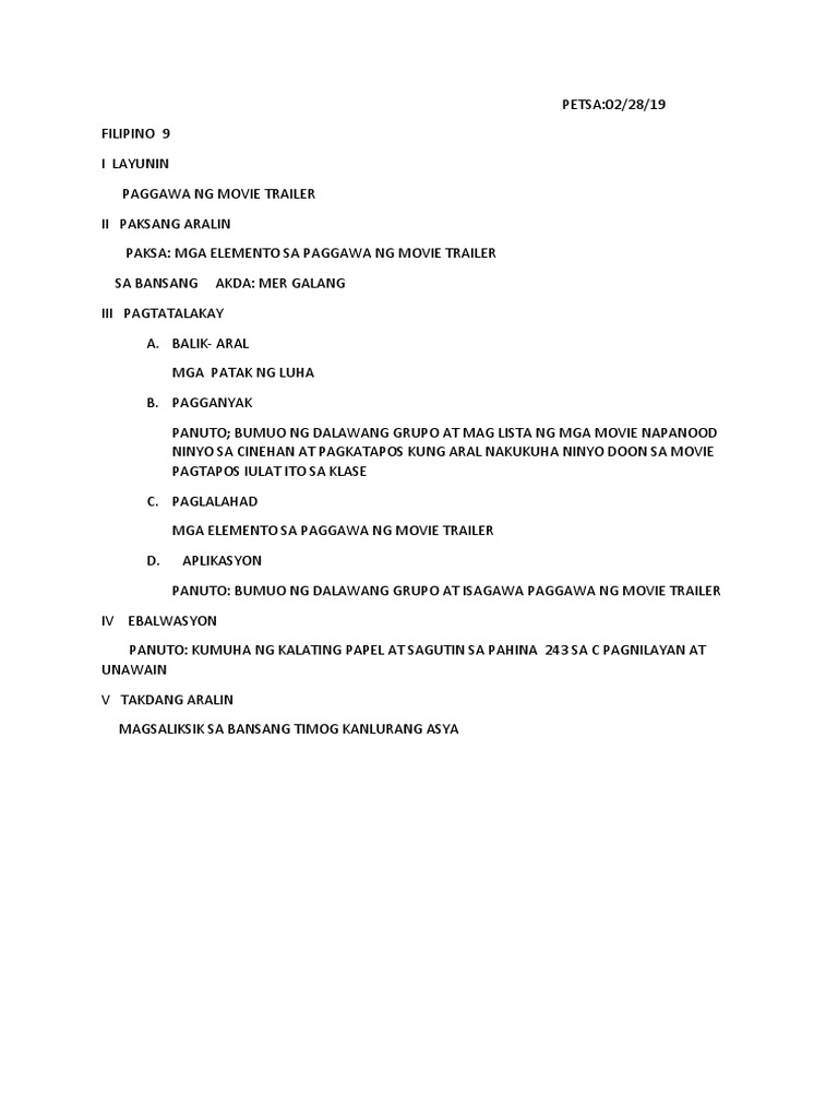 February 28 Filipino 9 Lesson Plan | PDF