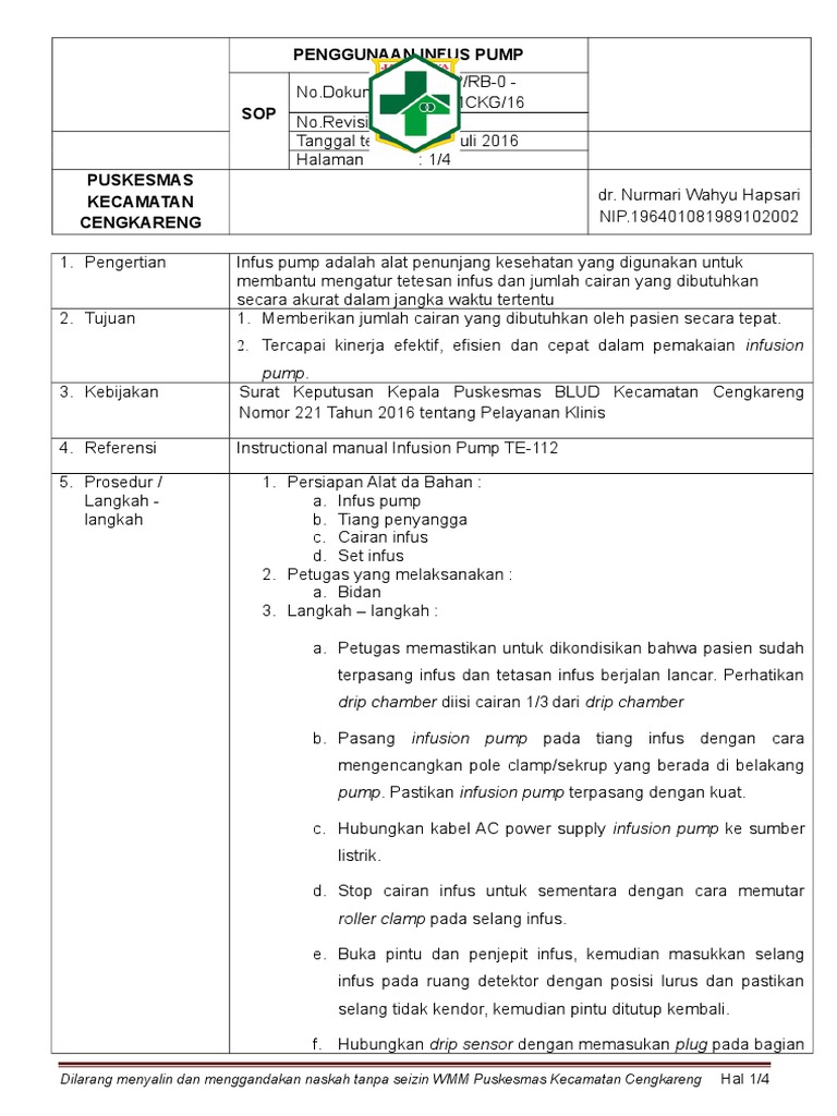 Sop Penggunaan Infus Pump | PDF