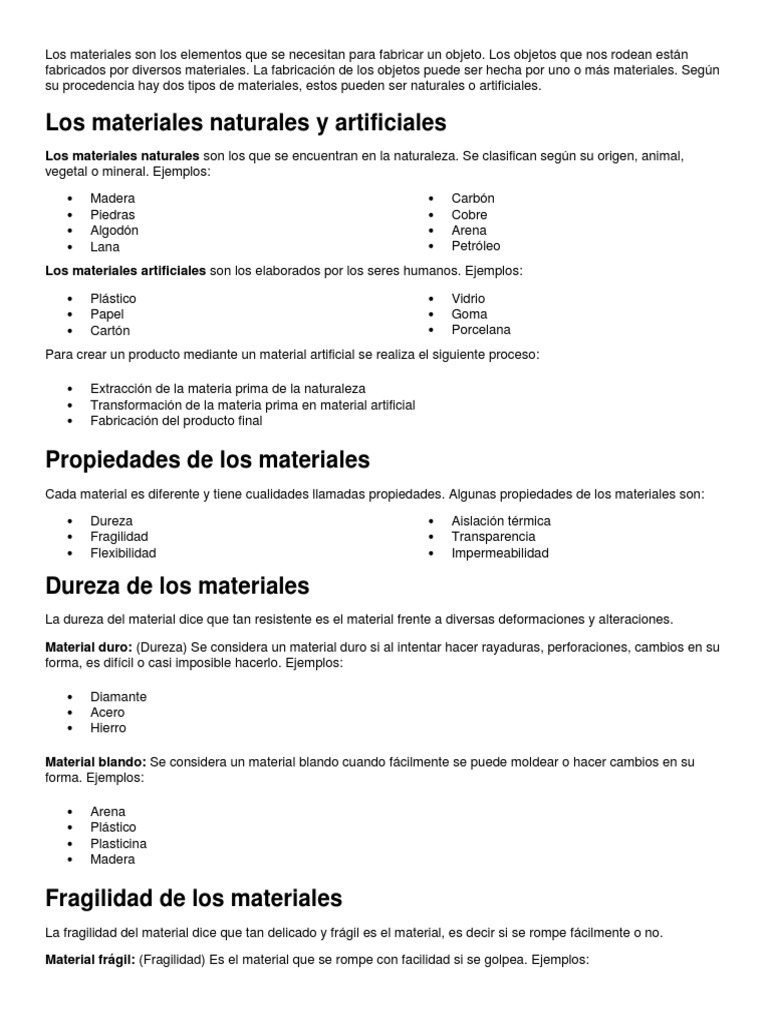 Los Materiales Son Los Elementos Que Se Necesitan para Fabricar Un ...