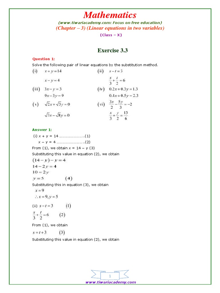 10 Maths NcertSolutions Chapter 3 3 PDF | PDF | System Of Linear Equations | Equations