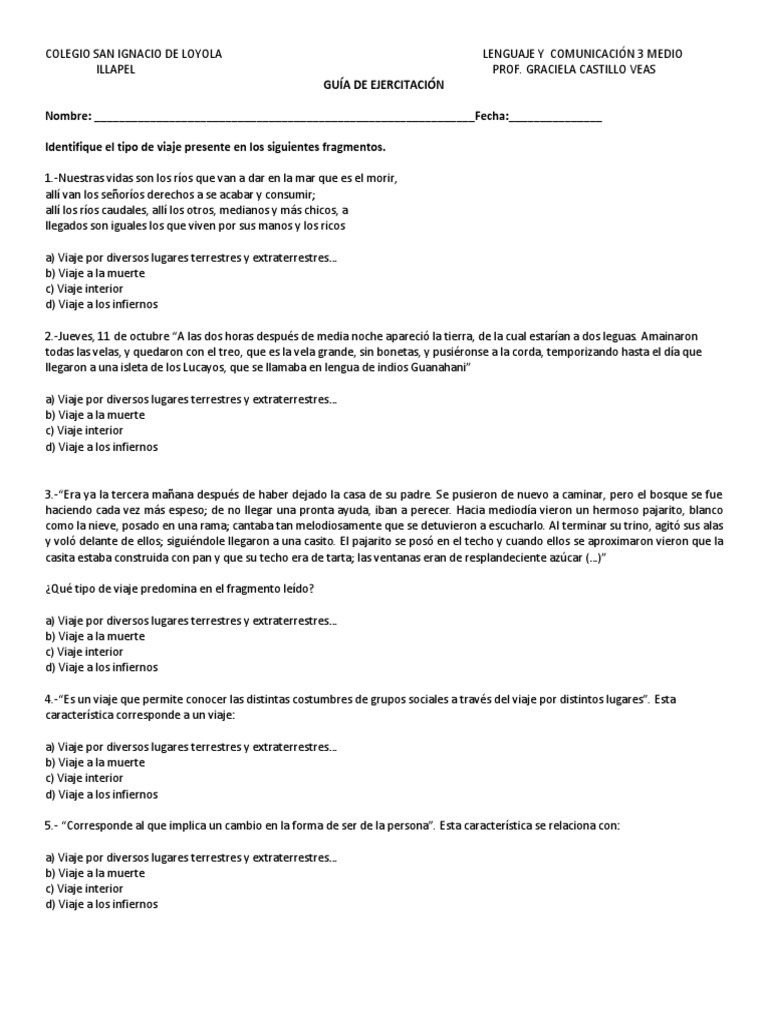 Guía de Ejercicios Literatura, El Viaje | PDF | Vida extraterrestre ...