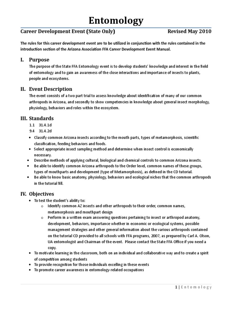 Entomology: Career Development Event (State Only) Revised May 2010 ...