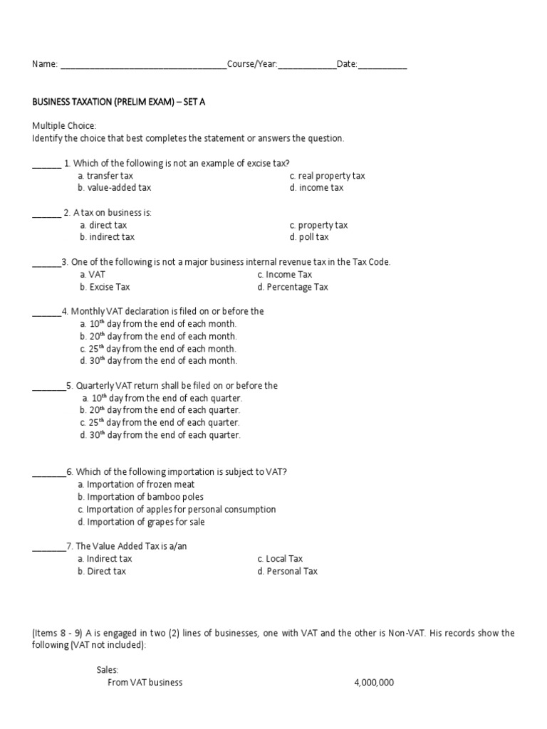 Business Taxation Prelim Exam Set A | PDF | Value Added Tax | Taxpayer