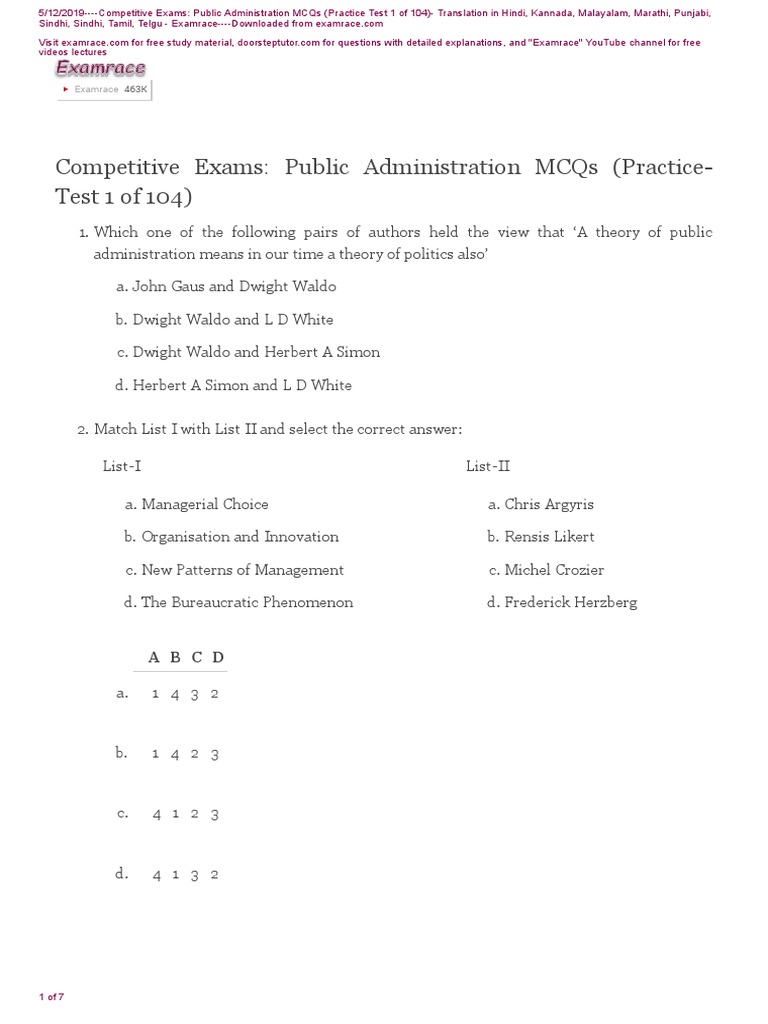 Public Administration MCQs Practice Test | PDF | Public Administration ...