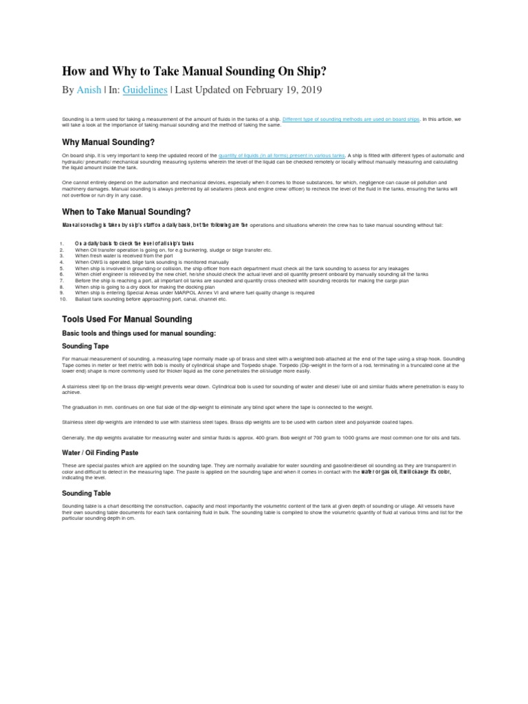 Manual Sounding Techniques on Ships | PDF | Ships | Volume