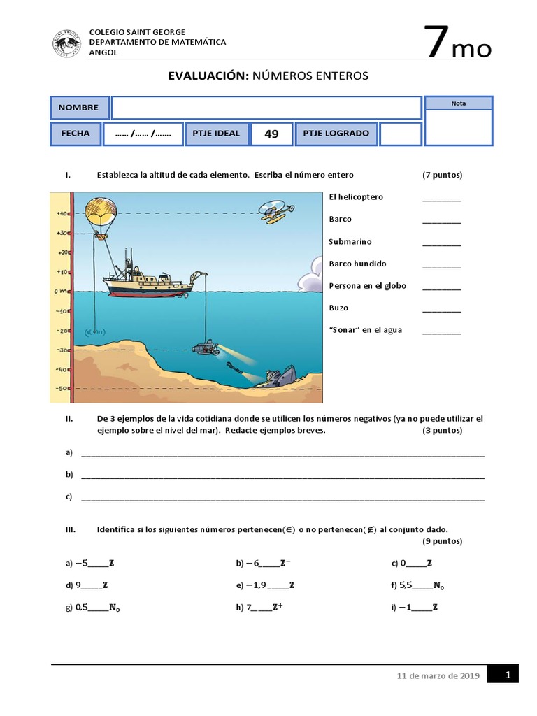 7mo Evaluación Números Enteros | PDF | Entero | Matemática Elemental