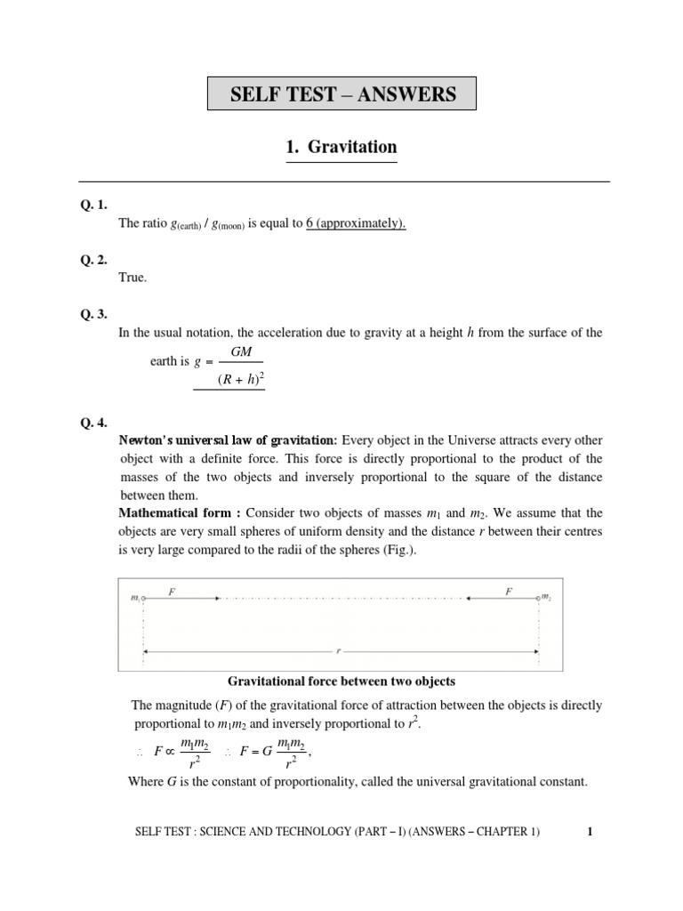 Self Test - Answers: 1. Gravitation | PDF | Gravity | Newton's Law Of ...