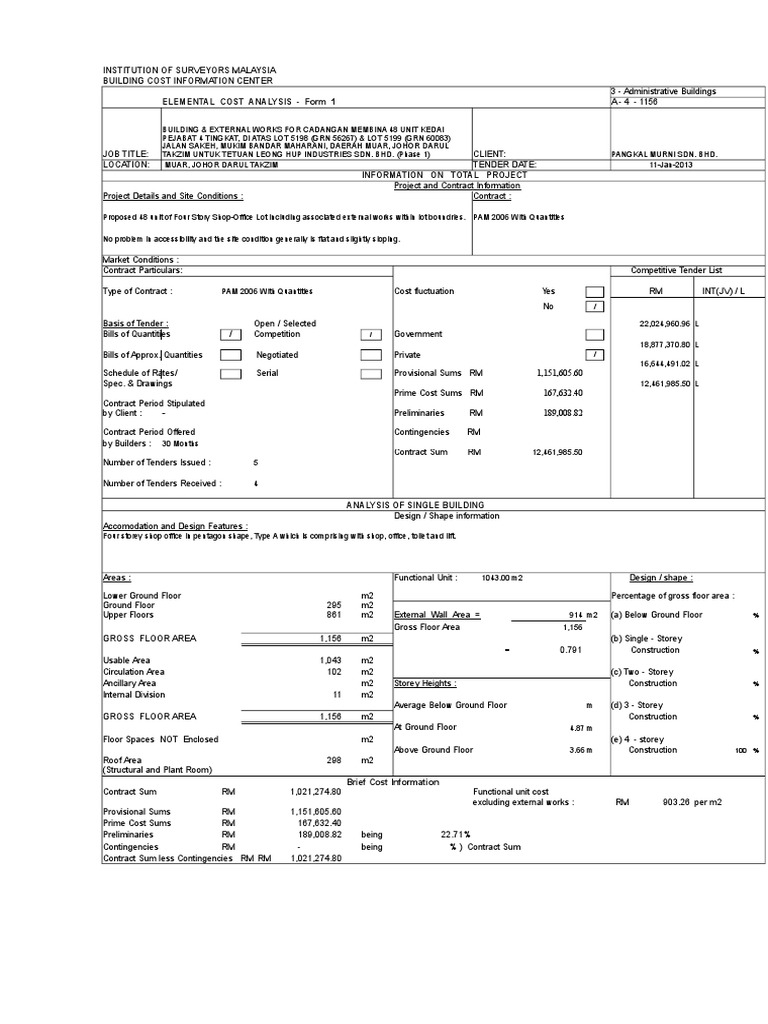 Elemental Cost Analysis - Form 1 | PDF | Wall | Window