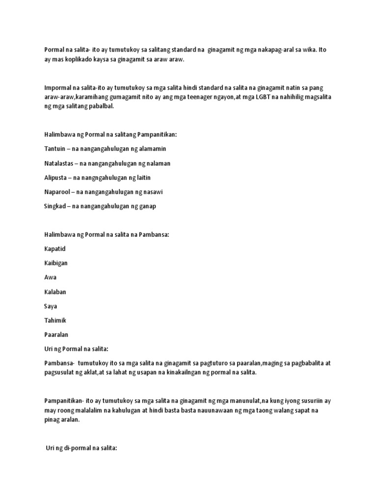 Pormal at Di Pormal Na Salita | PDF