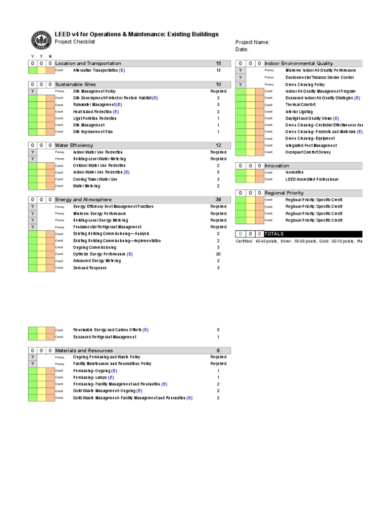 LEED v4 For Operations & Maintenance: Existing Buildings: Project Checklist Project Name: Date ...