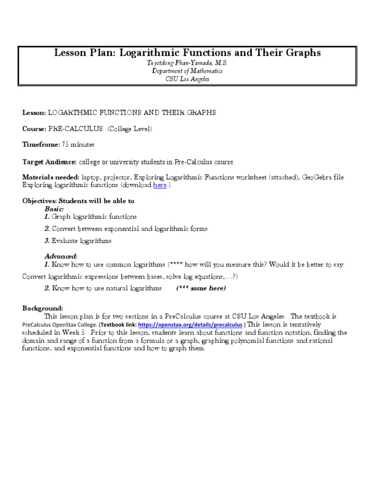 Logarithmic Lesson Plan | PDF | Precalculus | Function (Mathematics)