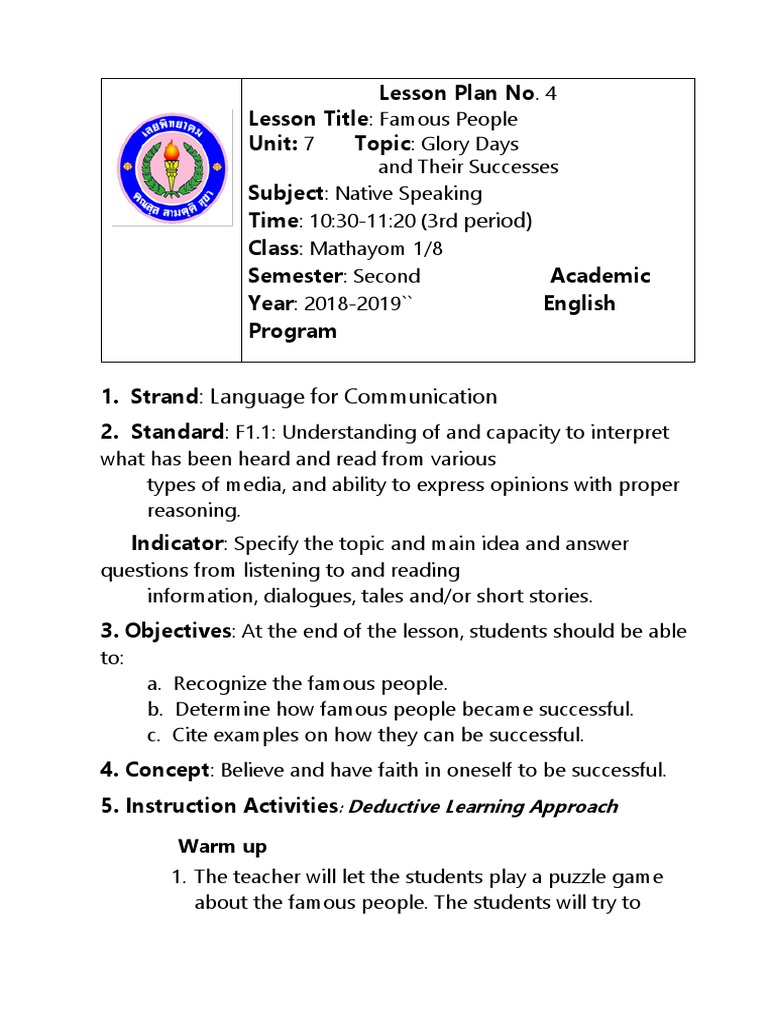 Famous People and Their Successes - Lesson Plan | PDF | Reason | Lesson ...
