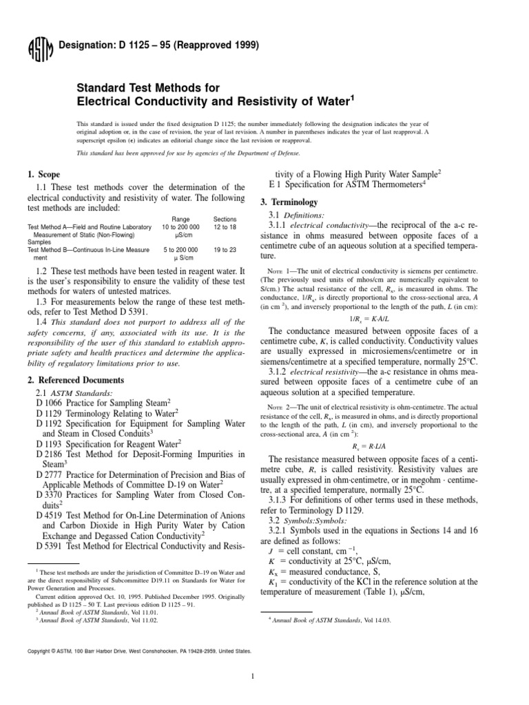 D 1125 | PDF | Electrical Resistivity And Conductivity | Electrical ...