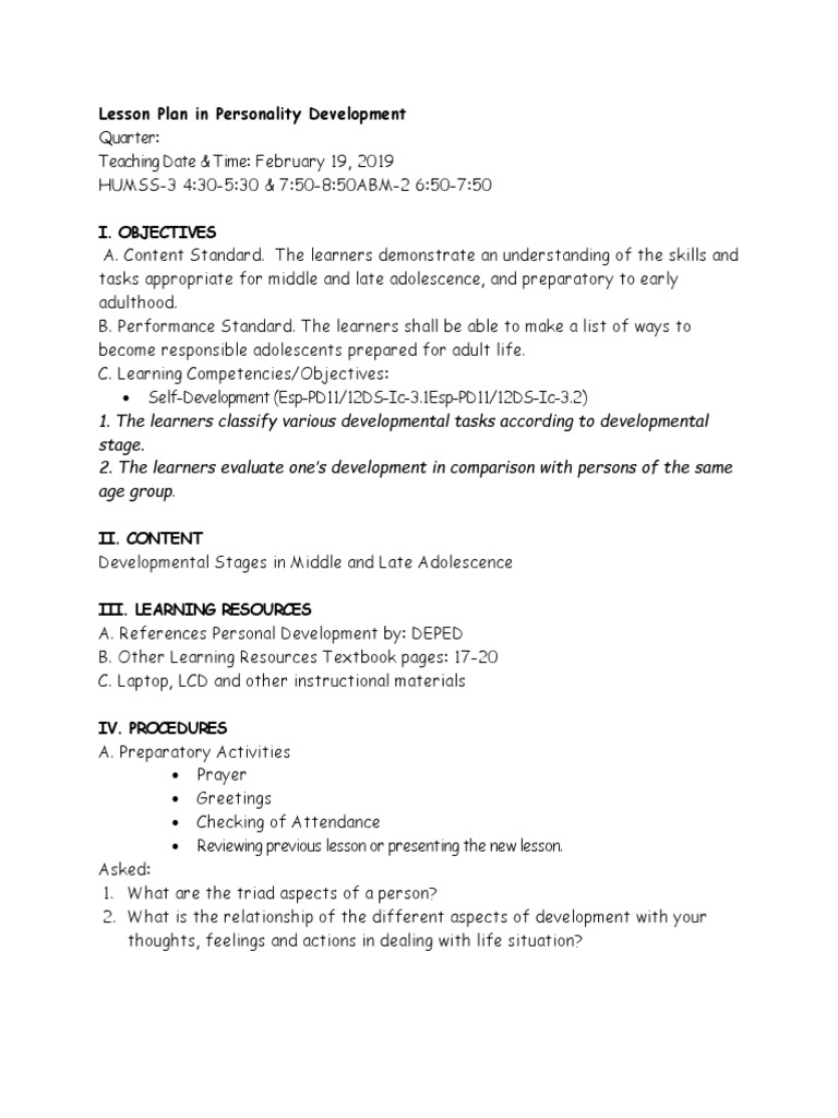 DLP in Personality Development | PDF | Adolescence | Lesson Plan