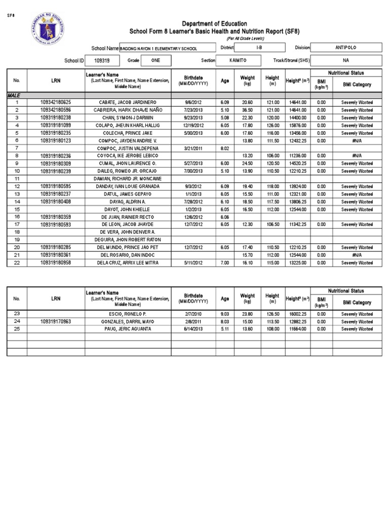 Department of Education School Form 8 Learner's Basic Health and ...
