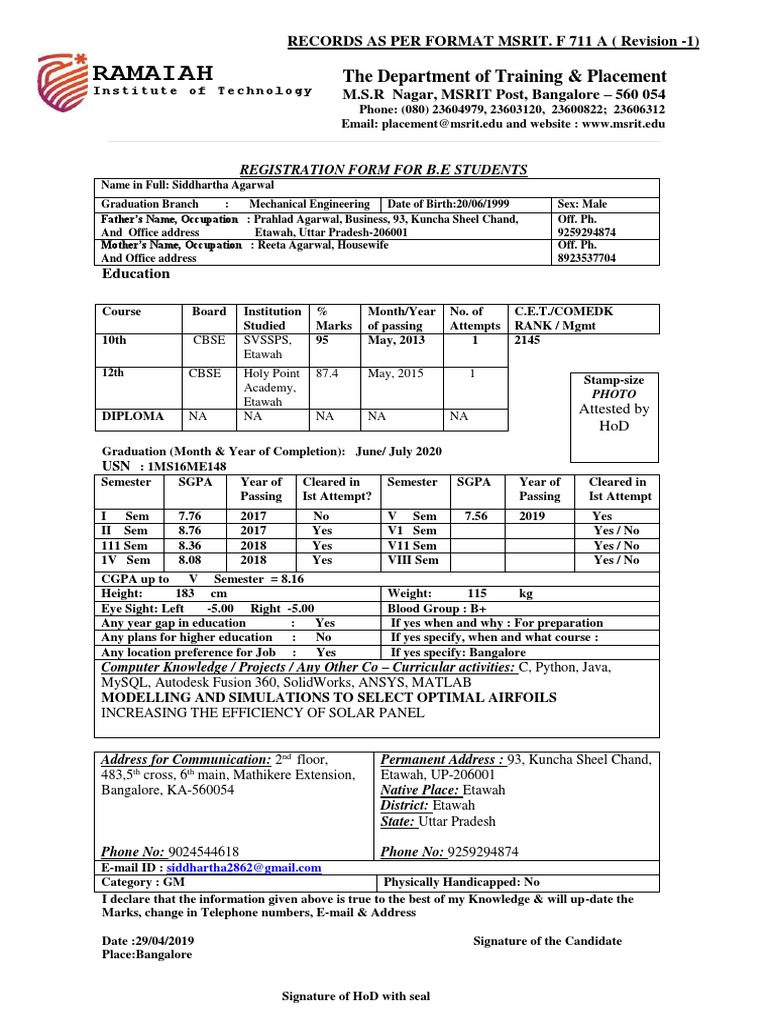 Registration Form For B.E | PDF | Computing