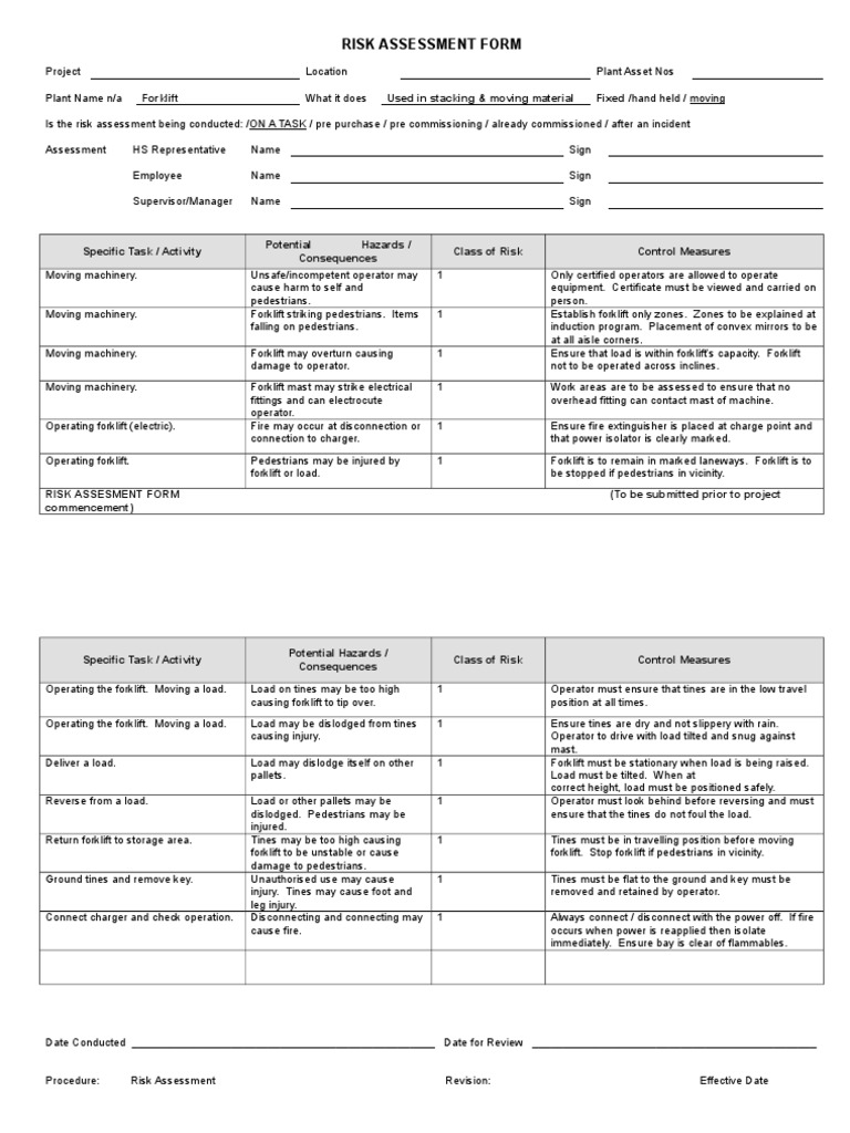 Forklift Truck Risk Assessment | PDF | Forklift | Risk Assessment