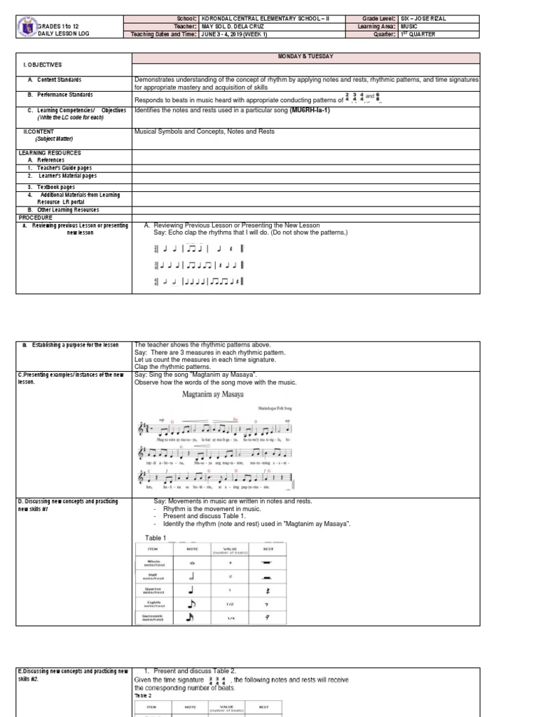 DLL - Music 6 - Q1 - W2 | PDF | Rhythm | Learning