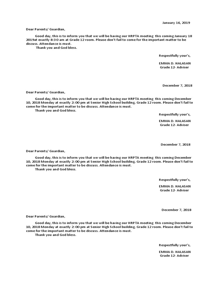 Meeting Letter To The Parents | PDF