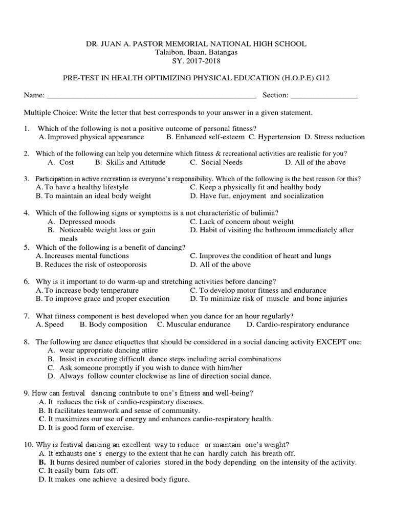 Pretest P.E. Grade 12 | PDF | Physical Fitness | Dances