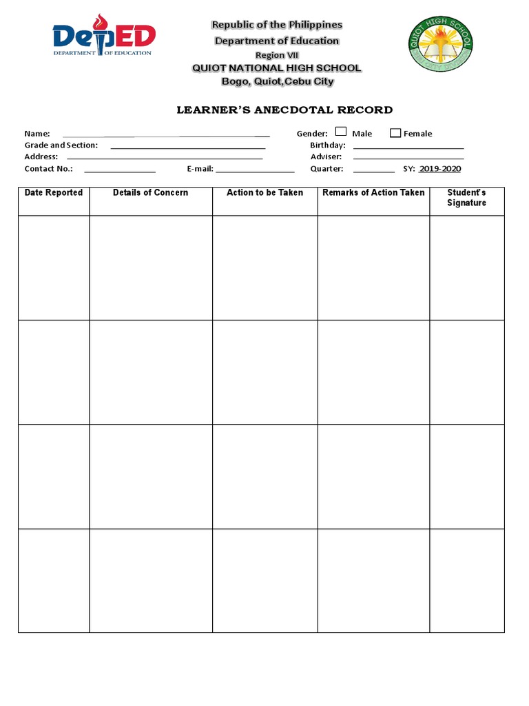 Learner's Anecdotal Record Form | PDF