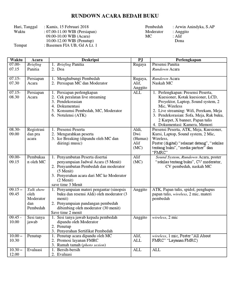Contoh Rundown Acara Bedah Buku | PDF