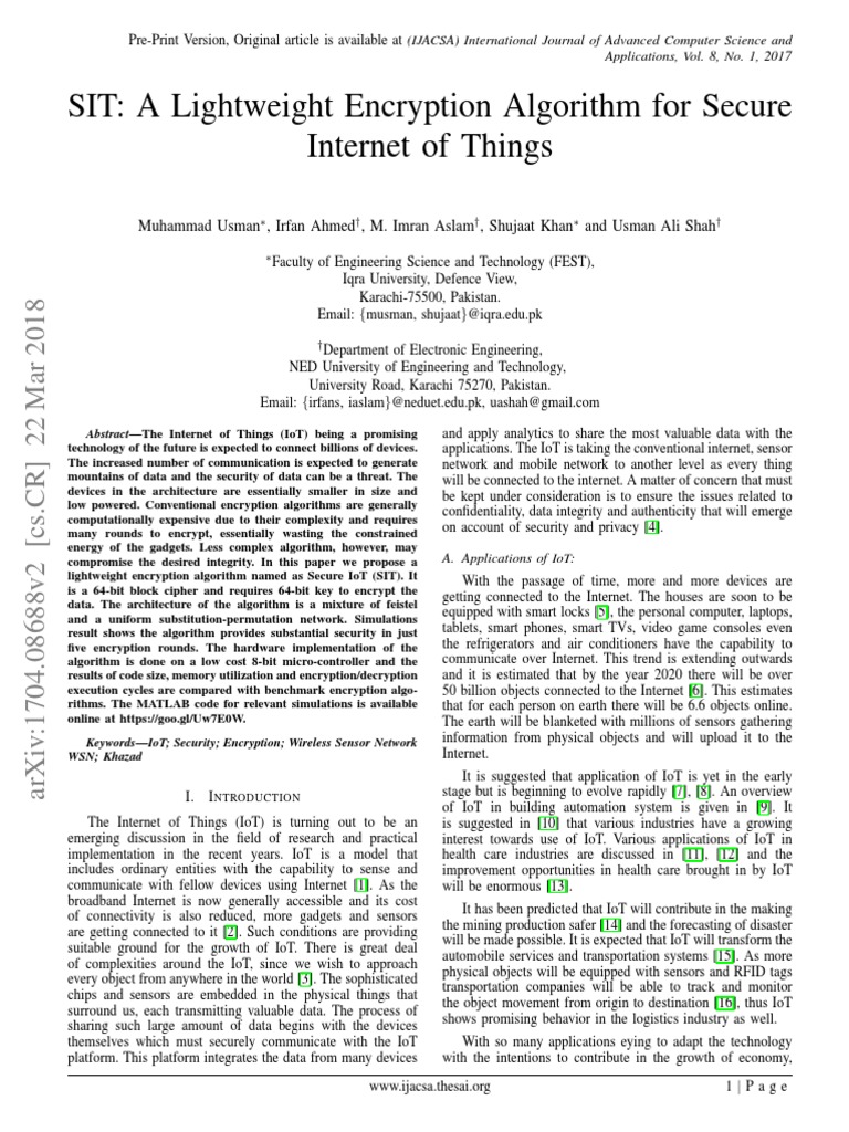 A Lightweight Encryption Algorithm Iot Pdf Internet Of Things Cryptography