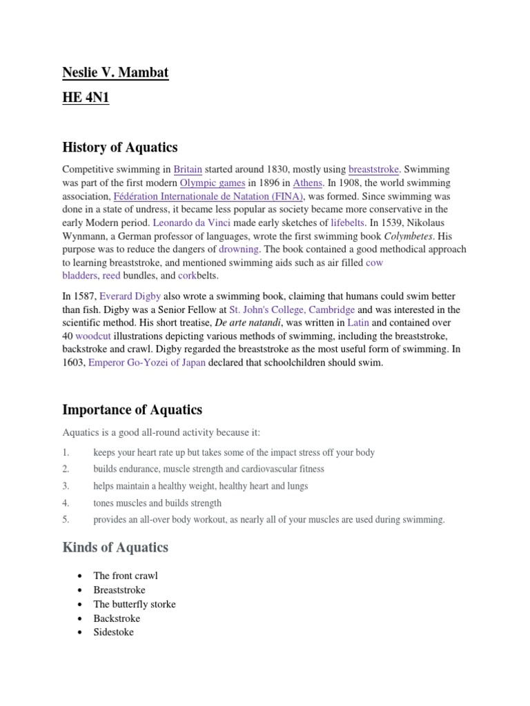 Neslie V. Mambat HE 4N1: Kinds of Aquatics | PDF | Travel | Wellness