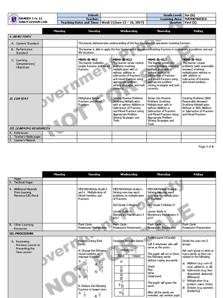 Math 6 Q1 Week 2 | PDF | Fraction (Mathematics) | Multiplication