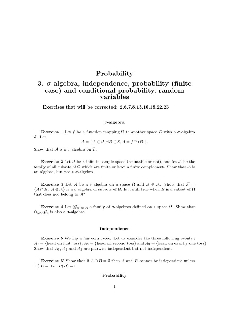 Probability 3. σ-algebra, independence, probability (finite case) and conditional probability ...