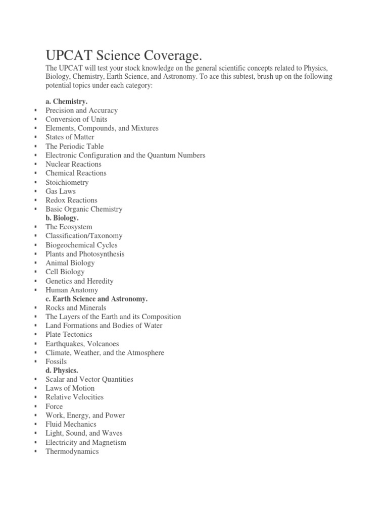 UPCAT Science Coverage.: A. Chemistry | PDF