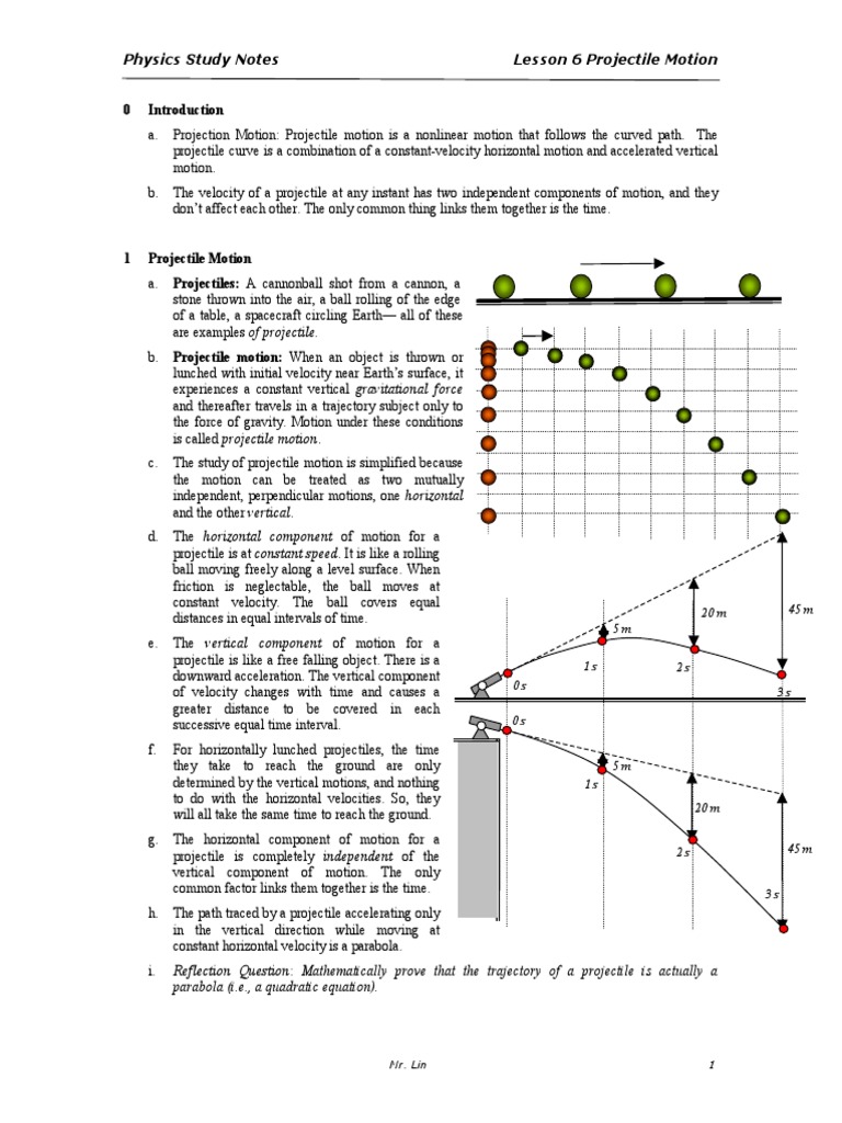 Physics Study Notes Lesson 6 Projectile Motion: Parabola (I.e., A ...