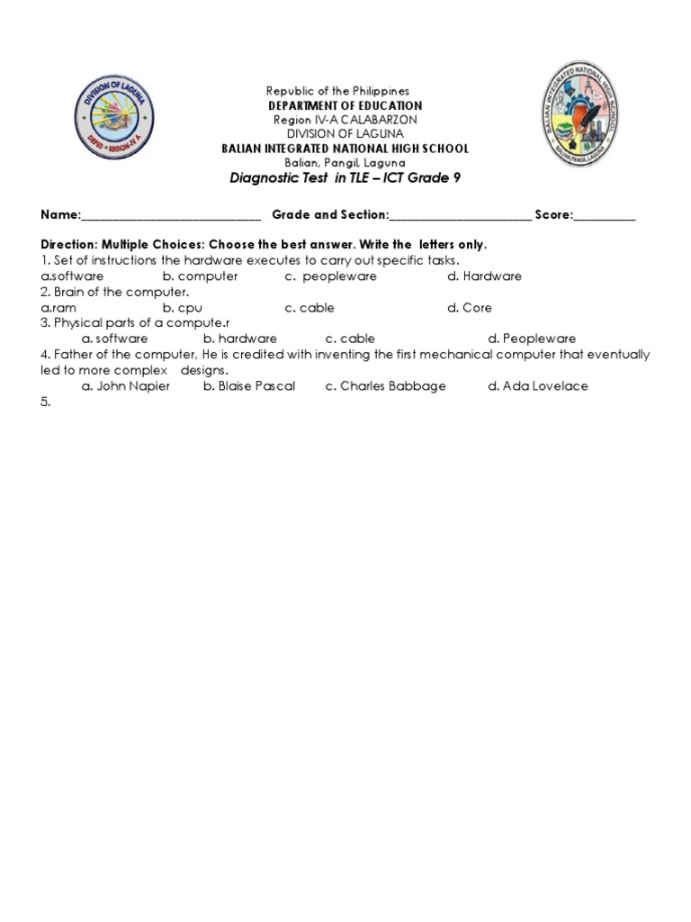 Diagnostic Test Grade 9 | PDF