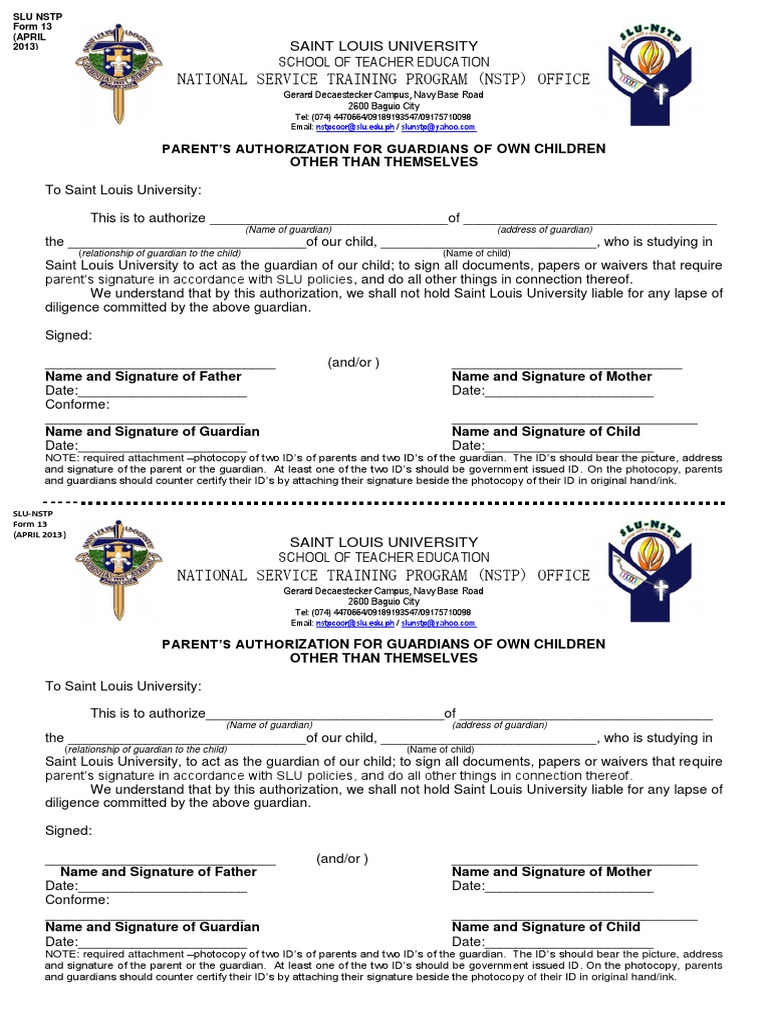 SLU NSTP Form 13 - Authorization Forms | PDF | Parent | Relationships