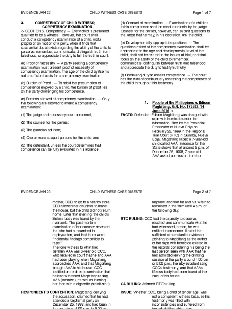 Child Witness Case Digests (Evidence) | PDF | Witness | Testimony