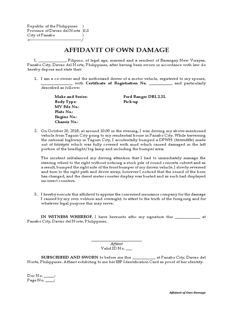 Affidavit Details Car Accident Damage | PDF | Affidavit | Identity Document